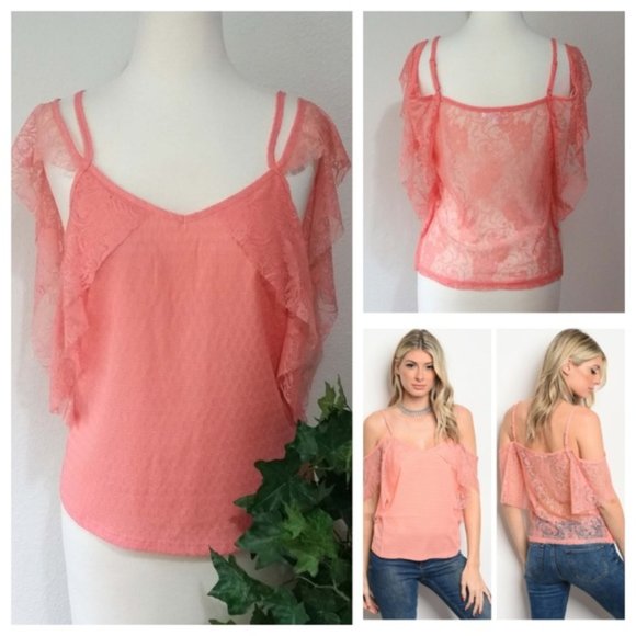 TCEC | Tops | Peachy Pink Cold Shoulder Semi Sheer Lace Back Flutter ...